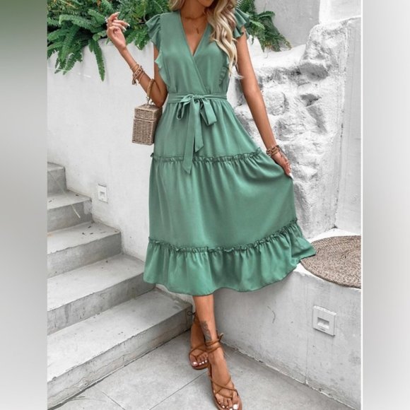 Dresses | Green Butterfly Sleeve Ruffle Hem Belted Dress | Poshmark